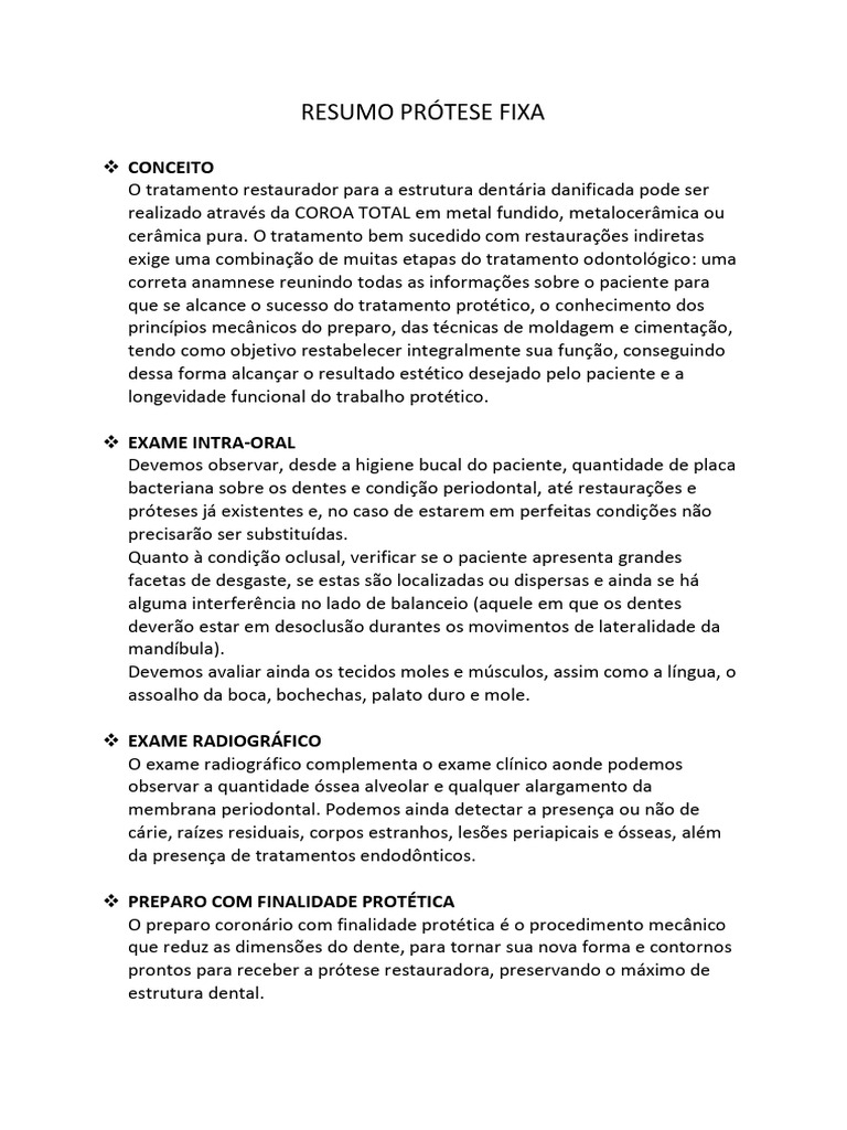 RESUMO PRÓTESE FIXA (Odontologia) | PDF | Dente humano | Prótese