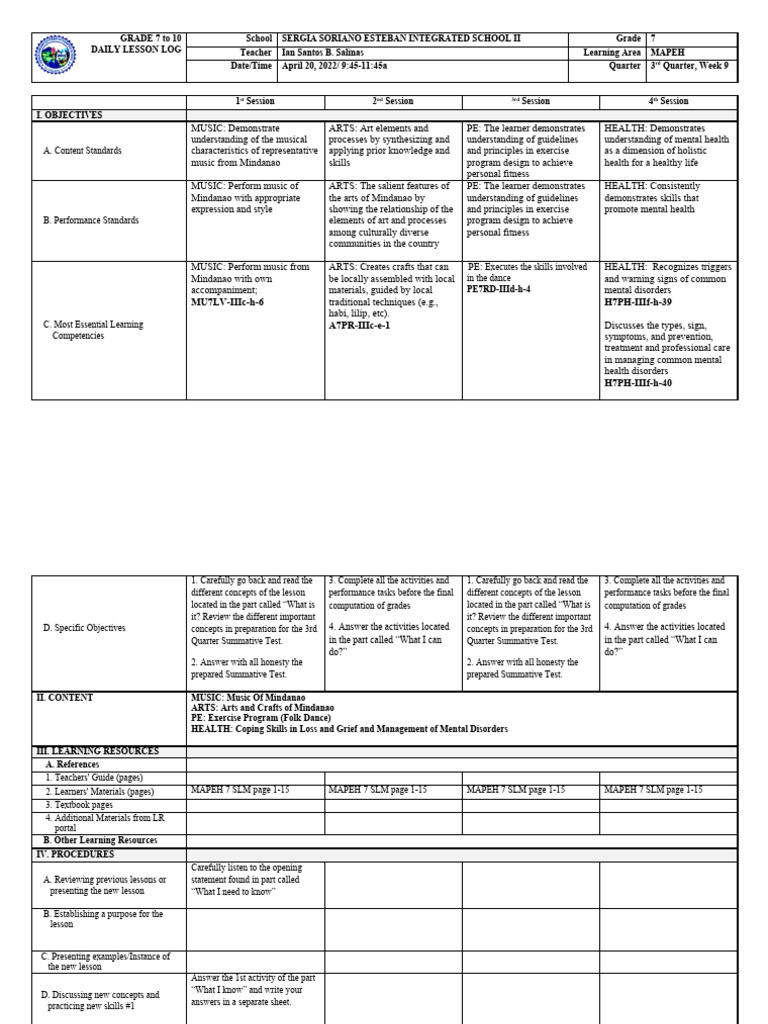 Grade 7 MAPEH Daily Lesson Log | PDF | Learning | Mental Health