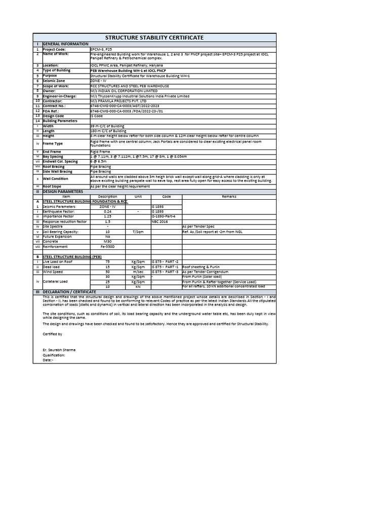 IOCL WH-1 Structural Stability Certificate- With Loading Parameters ...