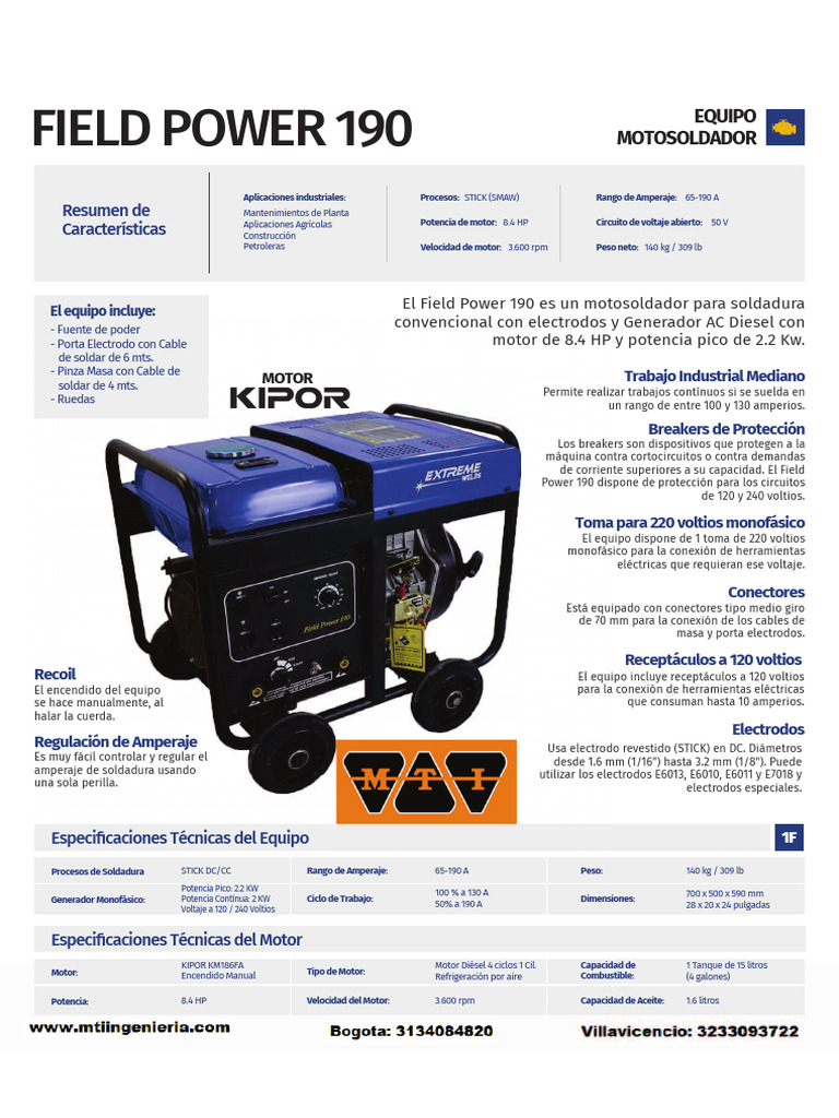 Motosoldador Field Power 190: Especificaciones | PDF | Soldadura ...