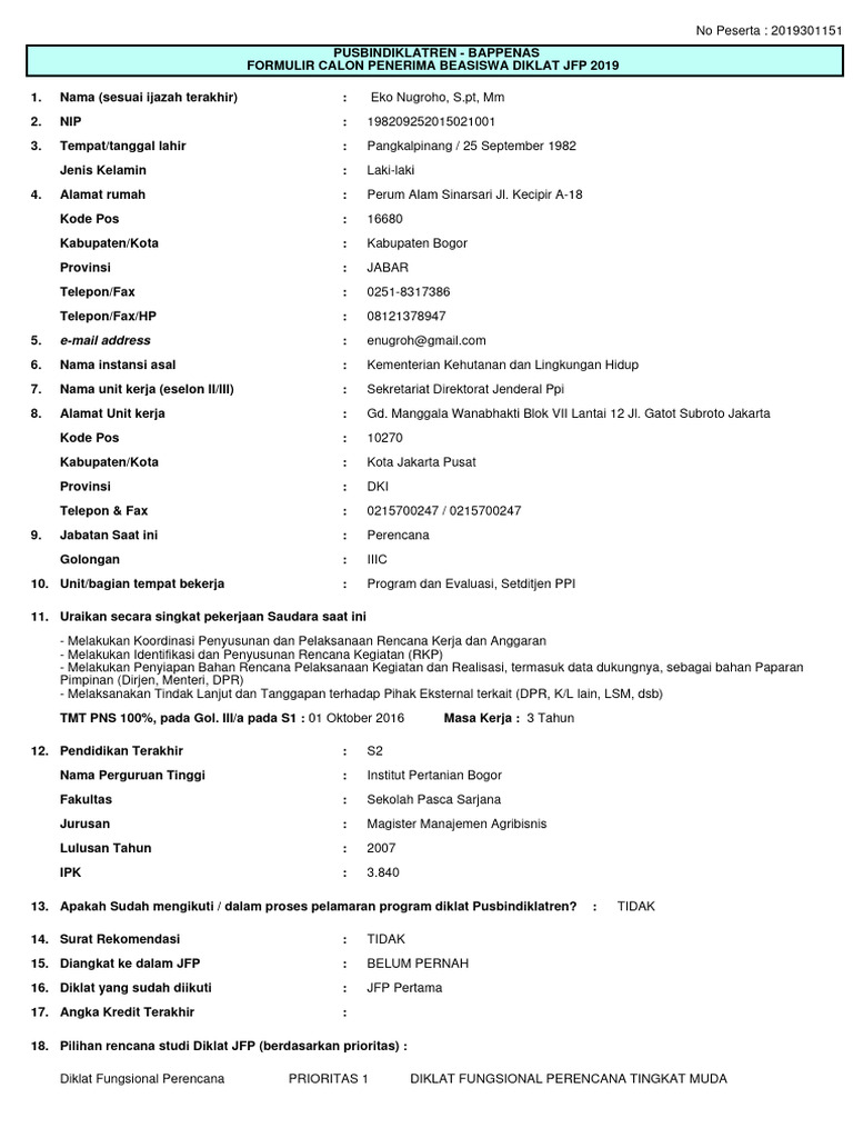 Formulir Beasiswa Diklat JFP 2019 | PDF