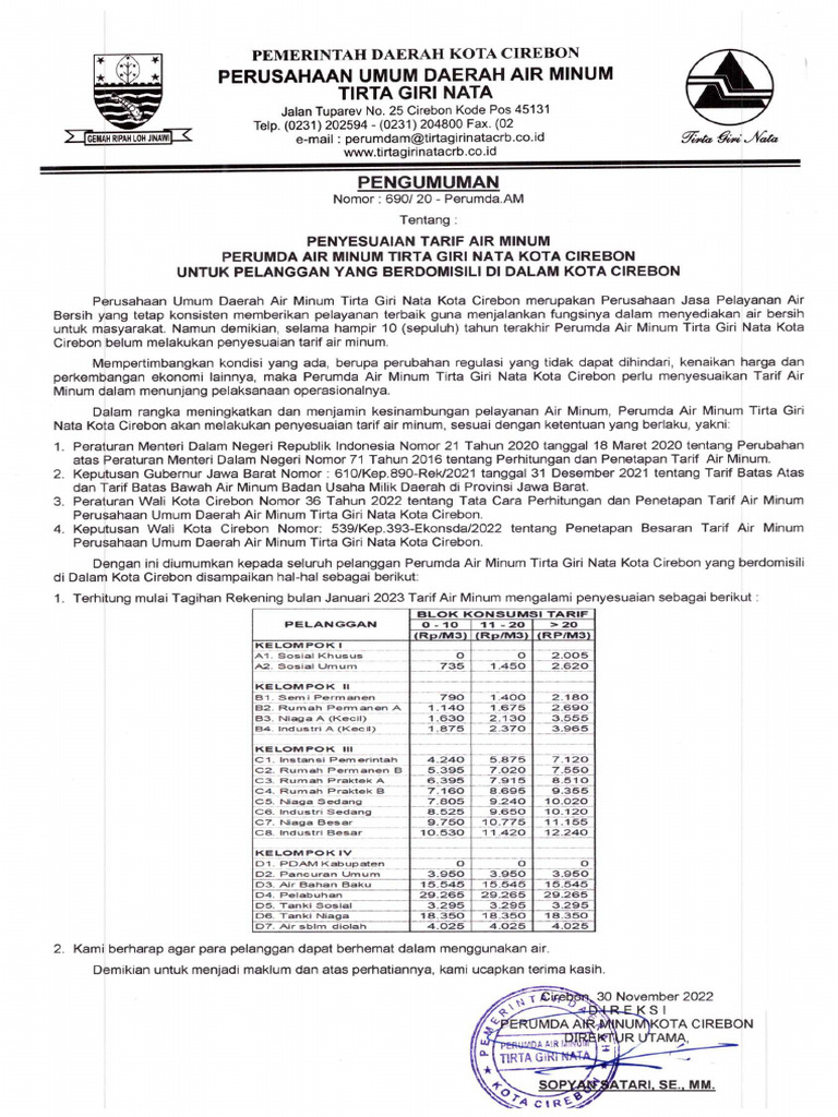 Pengumuman Penyesuaian Tarif Kota Cirebon | PDF