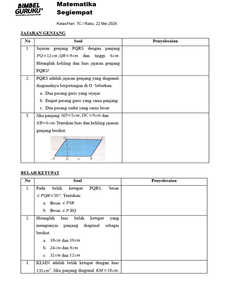 Soal Matematika Segiempat Kelas 7C | PDF | Metode & Bahan Ajar