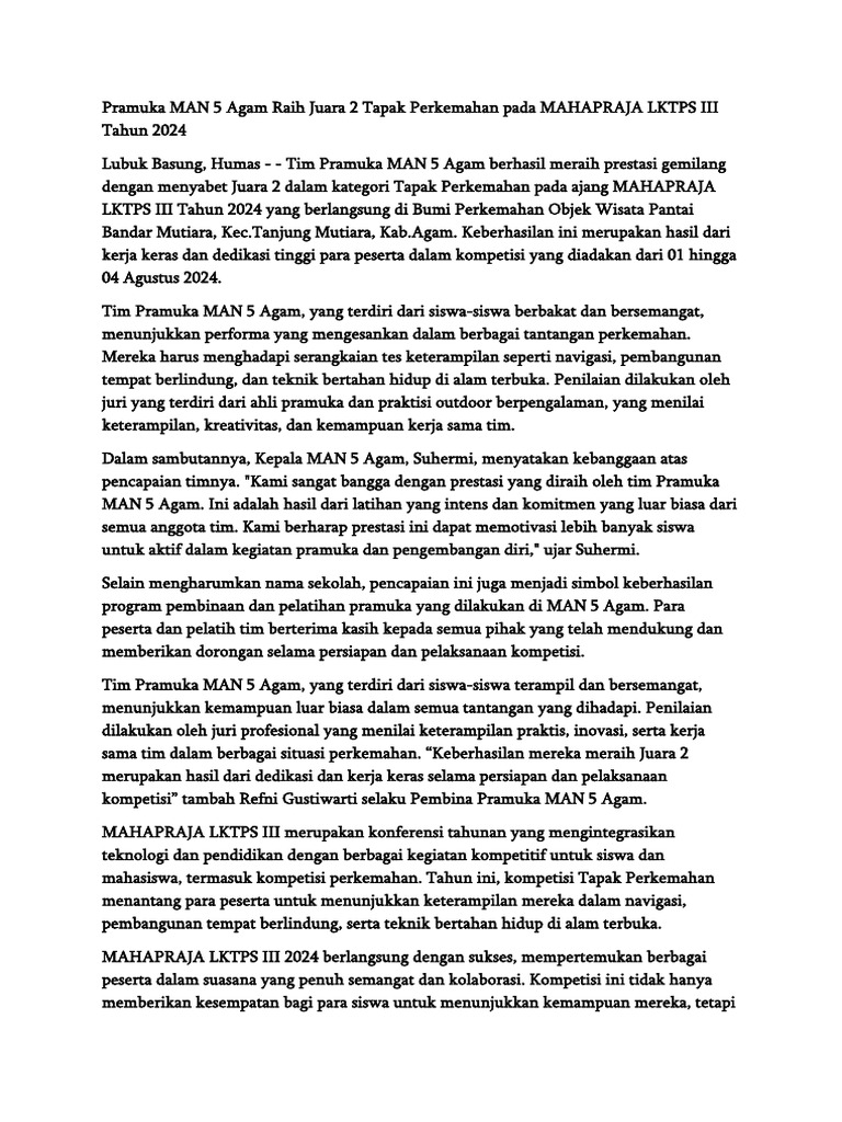 Pramuka MAN 5 Agam Raih Juara 2 Tapak Perkemahan Pada MAHAPRAJA LKTPS III Tahun 2024 | PDF