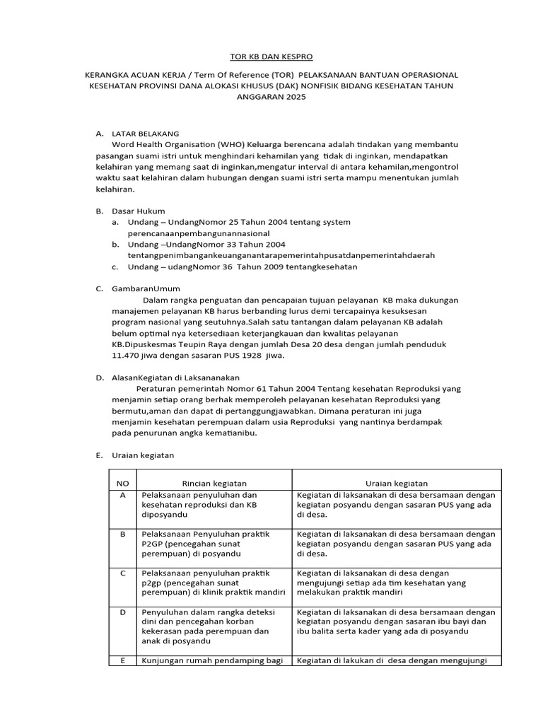 TOR Pelaksanaan Program KB 2025 | PDF
