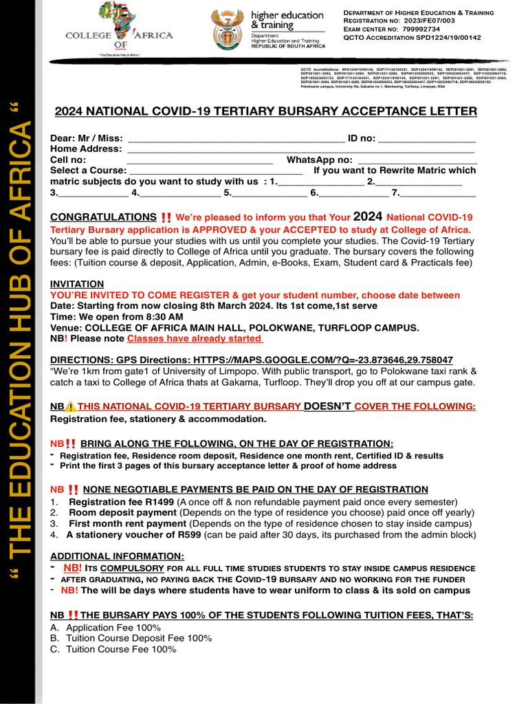 National Covid-19 Tertiary Bursary Confirmation Letter | PDF ...