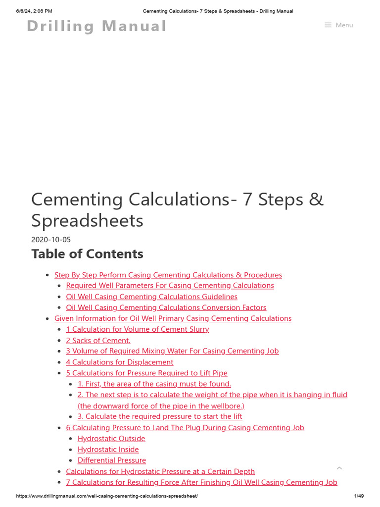 Cementing Calculations - 7 Steps & Spreadsheets - Drilling Manual | PDF ...