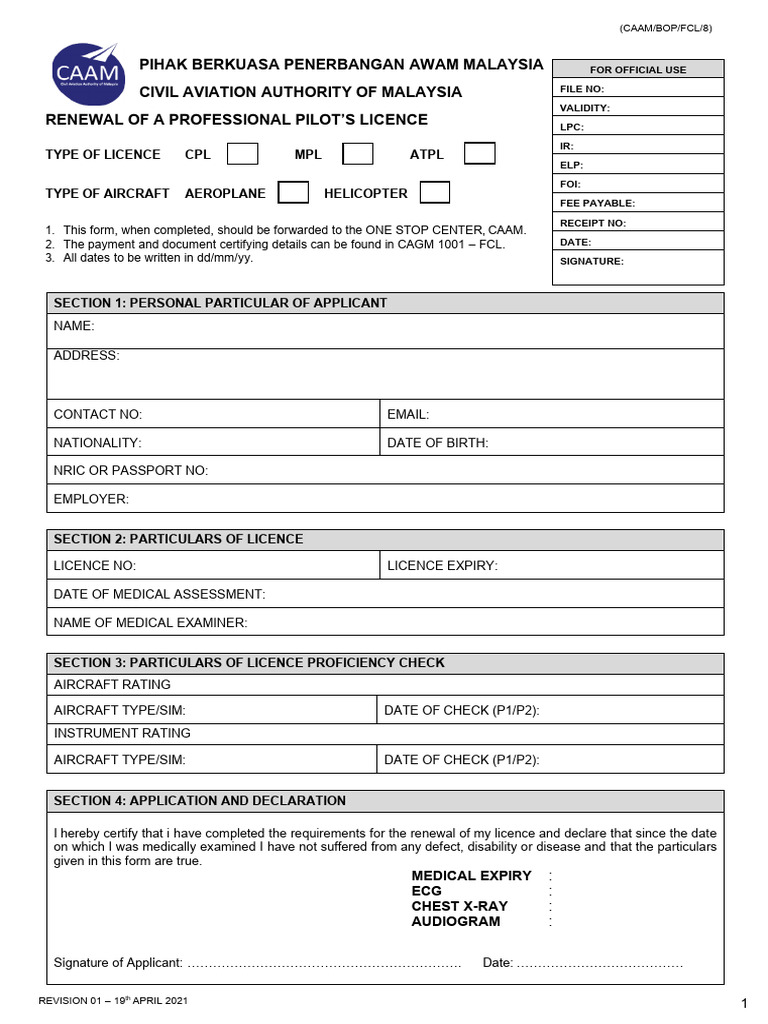 CAAM Pilot License Renewal Form | PDF | Aeronautics | Professional ...