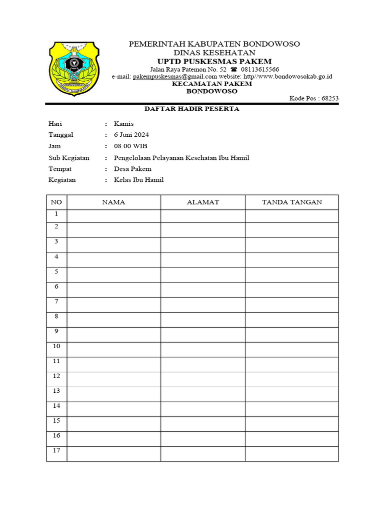 Contoh Daftar Hadir Bok 2023 | PDF