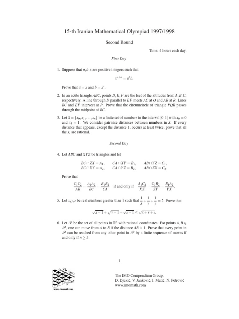 15th Iranian Mathematical Olympiad 1997-1998 Second Round - First Day | PDF