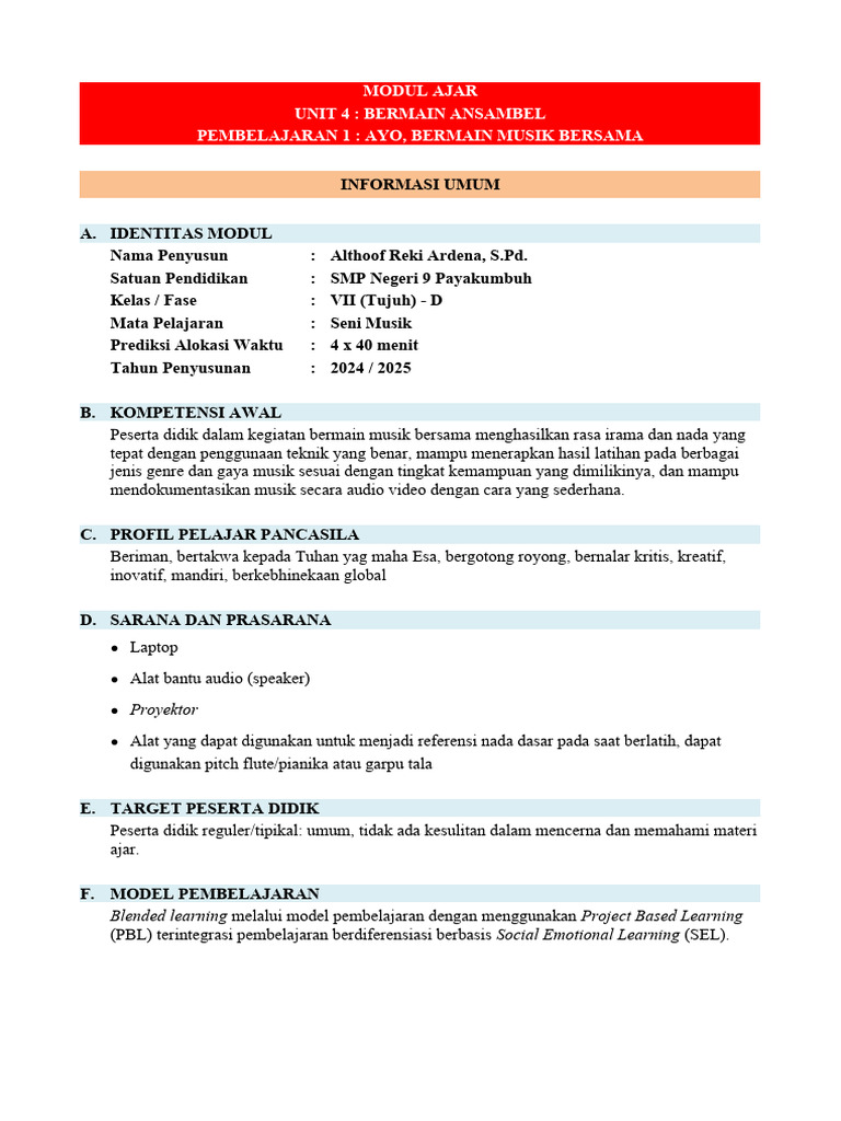 Modul Ajar Seni Musik Fase D Kelas 7 Unit 4 | PDF | Karier & Perkembangan | Seni & Disiplin Bahasa