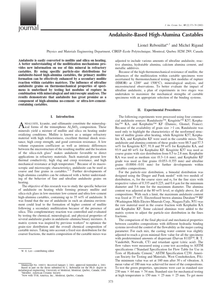 Andalusite Based High Alumina Castables | PDF | Refractory | Silicon Dioxide