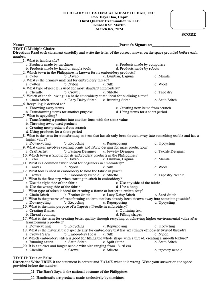 Grade 8 St. Martin, TLE | PDF | Embroidery | Textiles