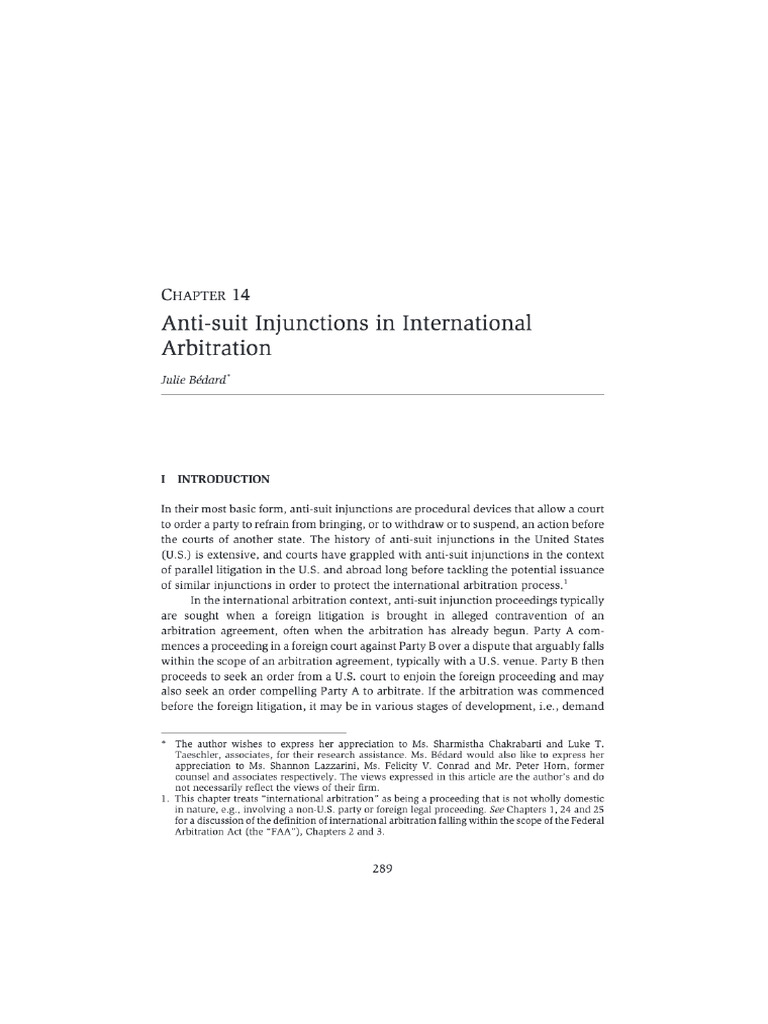 Bedard, J (2018) Anti-Suit Injunctions in International Arbitration | PDF