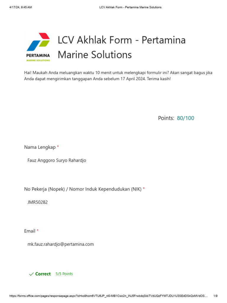 LCV Akhlak Form - Pertamina Marine Solutions | PDF | Bisnis