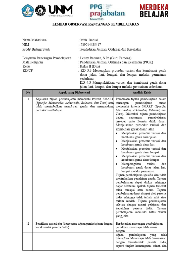 LK3 Lembar Observasi Rancangan Dan Perangkat Pembelajaran Siklus 1 | PDF