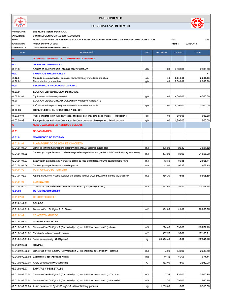 Presupuesto Lgi-shp-017-2019 Rev 04 Agnav | PDF | Hormigón | Diseño arquitectonico