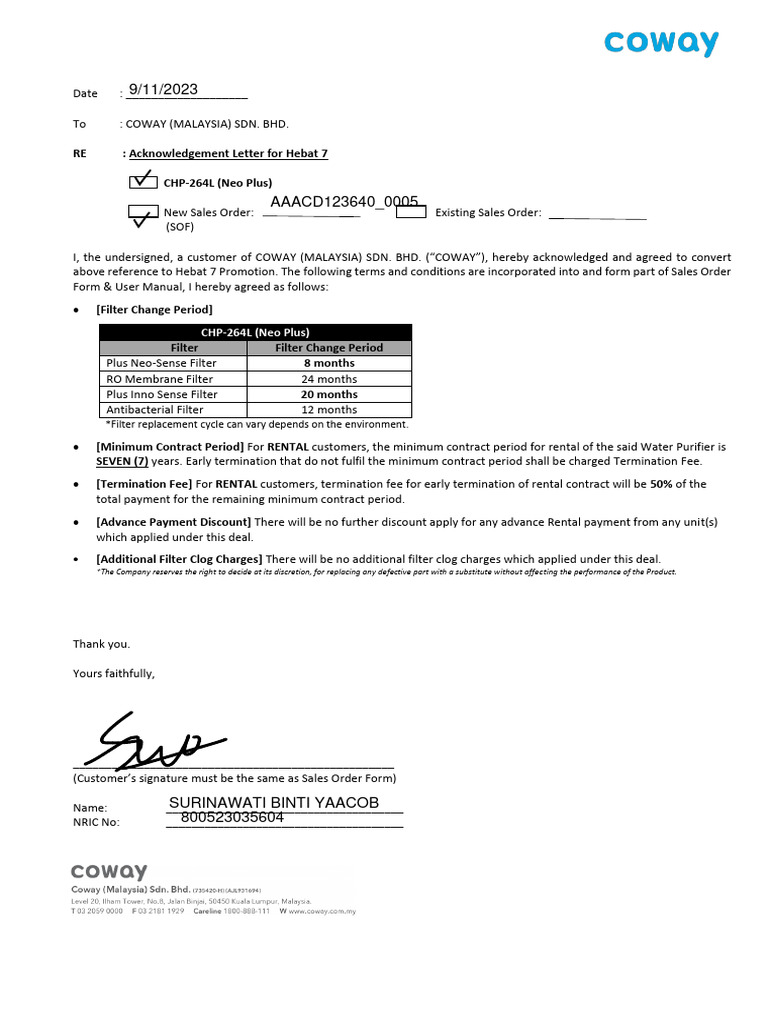 Customer Acknowledgement Letter For Hebat 7 - V102023 | PDF