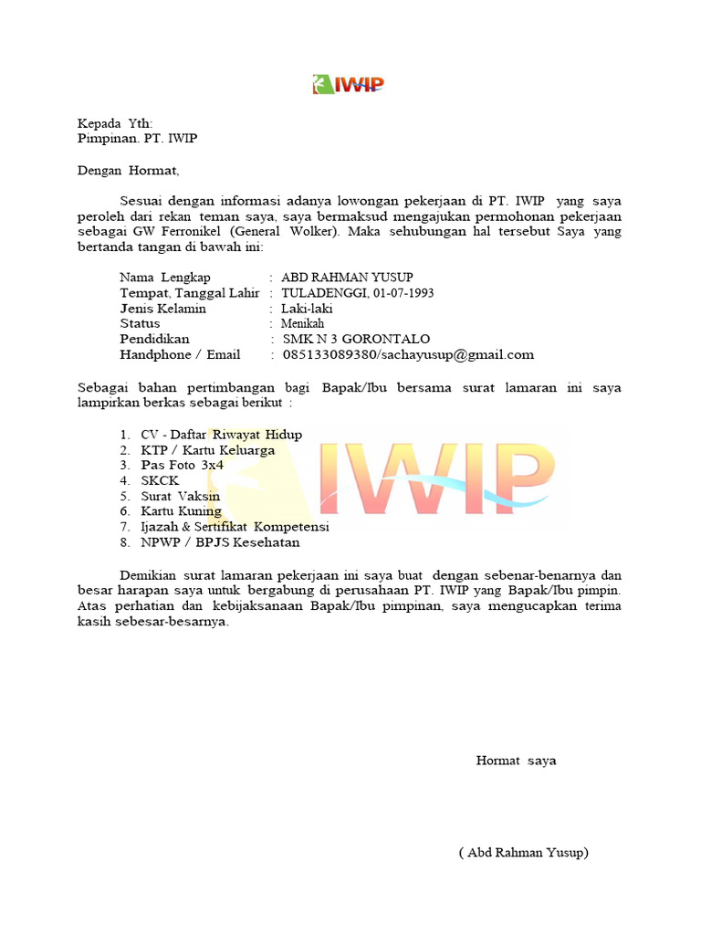 Lamaran PT. IWIP GW Ferronikel | PDF | Kesehatan Holistik | Gaya Hidup