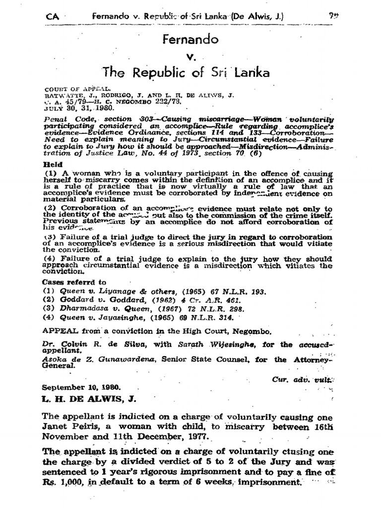 018 SLLR SLLR 1980 V 2 Fernando V.the Republic of Sri Lanka | PDF ...