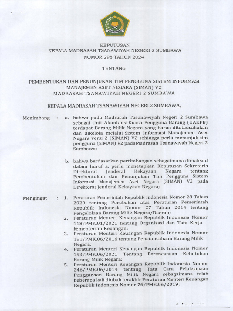 SK Pembentukan Dan Penunjukan Tim Pengguna Siman V2 | PDF