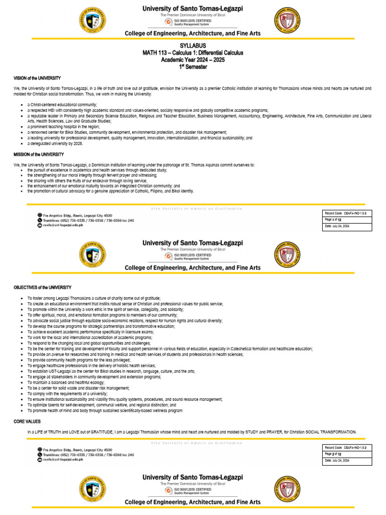 SYLLABUS - Math 113 Differential Calculus | PDF | Derivative | Function (Mathematics)