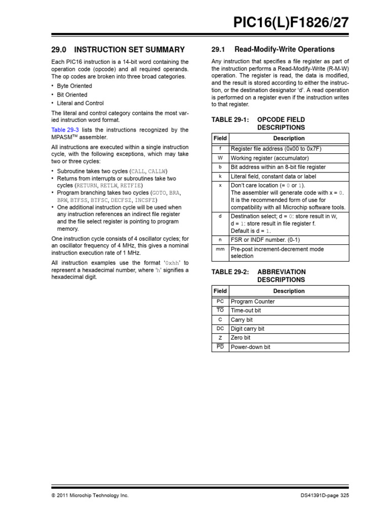 PIC16F1827 Instruction Set | PDF | Assembly Language | Digital Electronics