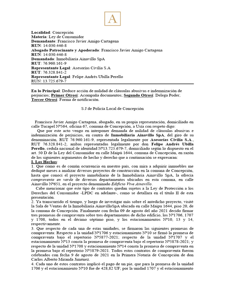 Modelo Demanda JPL Clausulas Abusivas | PDF | Daños y perjuicios | Derecho civil (sistema legal)