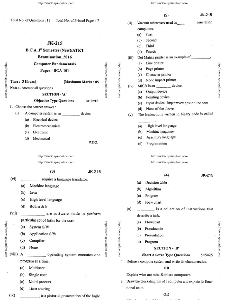Bca 1 Sem Bca 101 Computer Fundamentals jk215 2016 | PDF