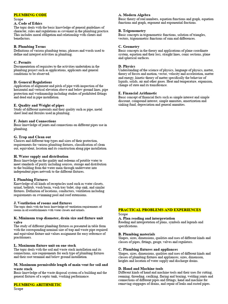 Plumbing Exam Scope | PDF | Plumbing | Pipe (Fluid Conveyance)