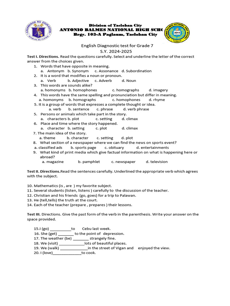 English Diagnostic Test For Grade 7 | PDF | Verb | English Language