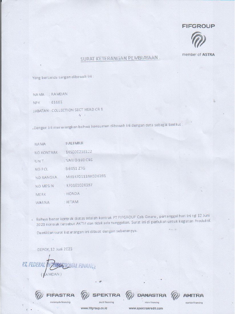 Surat Keterangan FIF Halimah | PDF