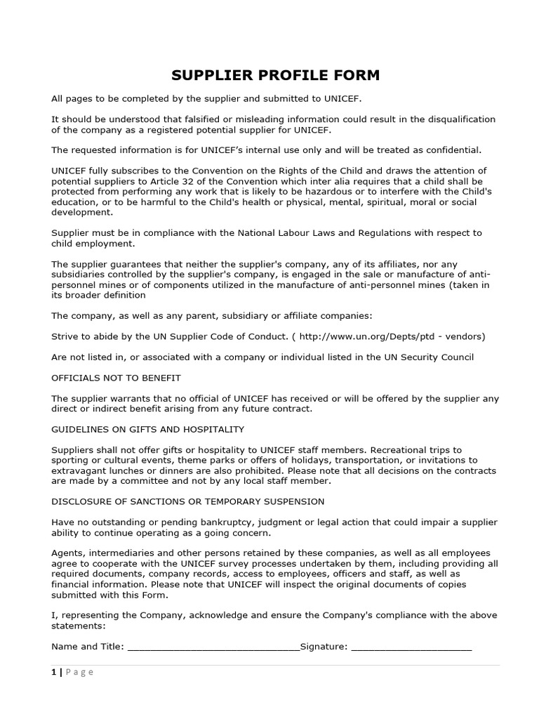 Supplier Profile Form | PDF | Unicef | Justice