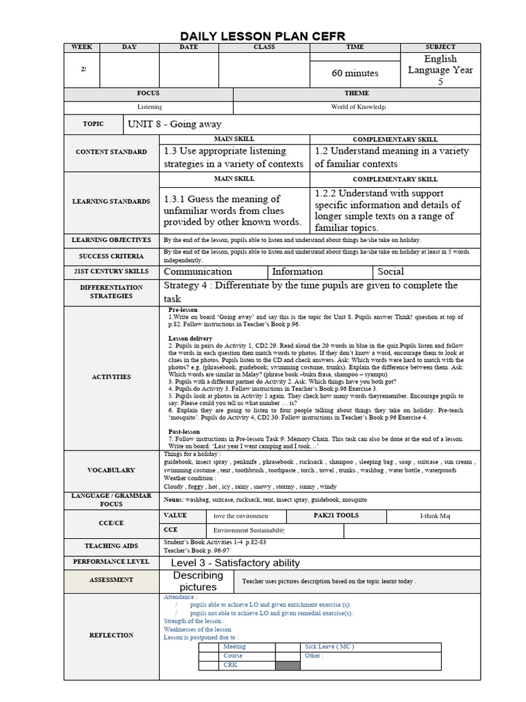 CEFR Daily Lesson Plan: Unit 8 | PDF | Lesson Plan | Learning
