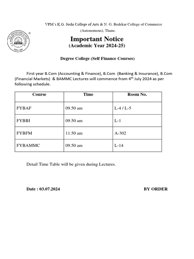College Opening Notice for 2024-25 | PDF