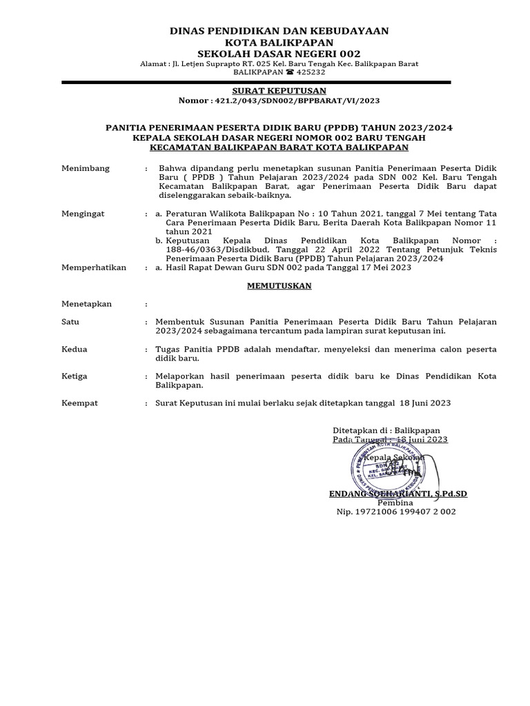 SK Panitia PPDB 2023-2024 | PDF