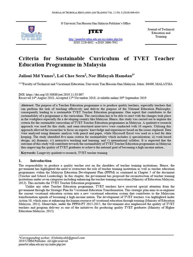 2019 Criteria For Sustainable Curriculum of TVET Teacher Education ...