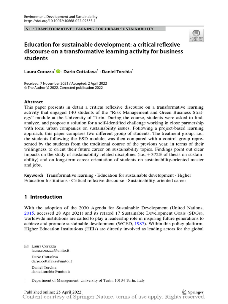 2022 Education For Sustainable Development: A Critical Reflexive ...