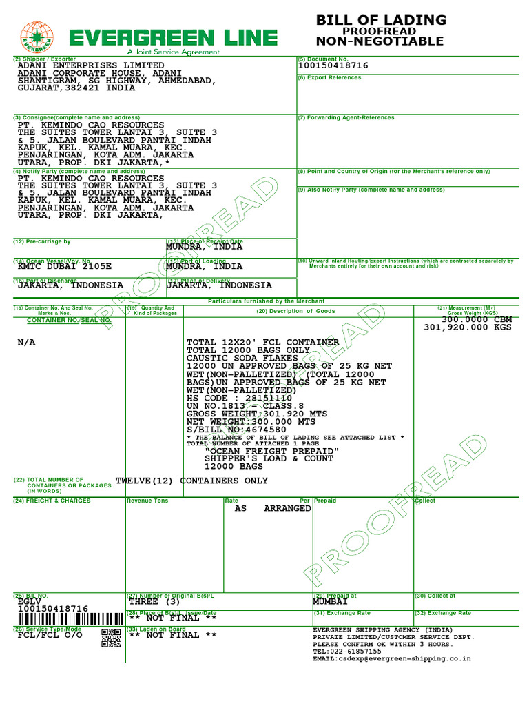 Bill of Landing Evergreen Line | PDF | Cargo | Bill Of Lading
