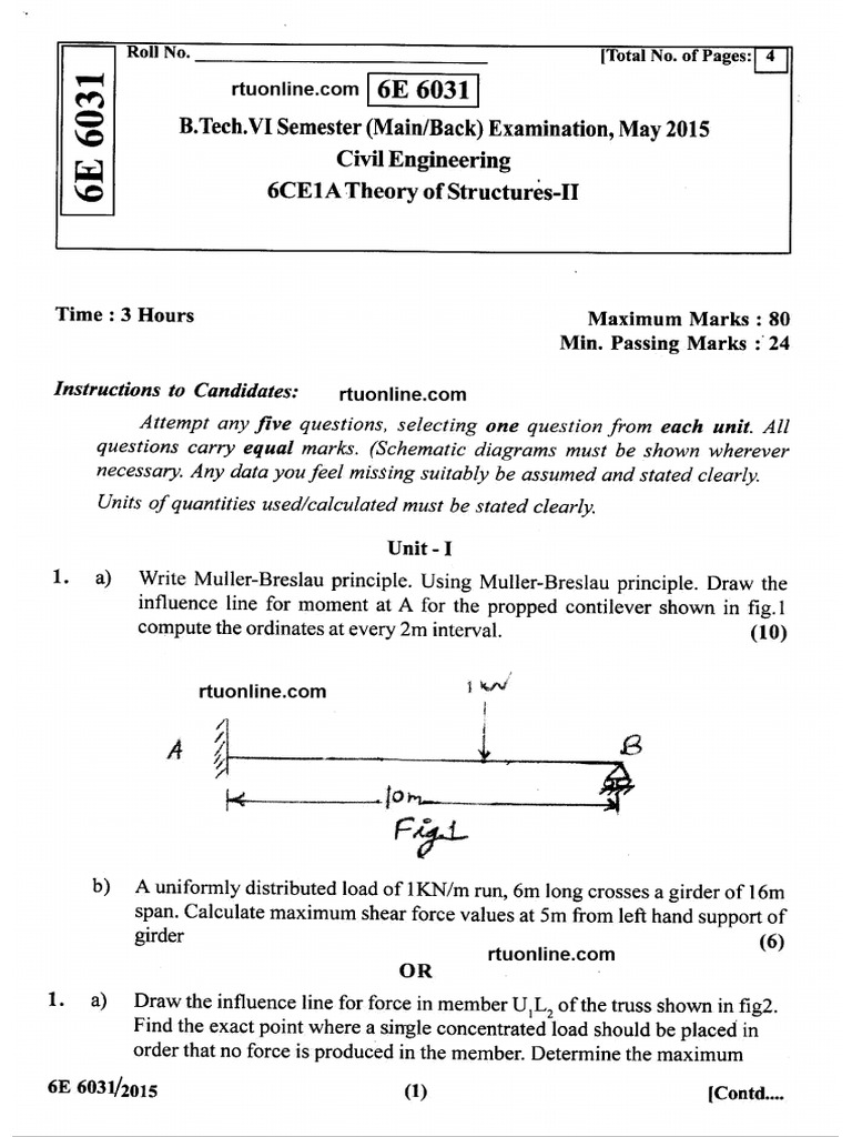 Btech Ce 6 Sem Theory of Structures 2 6e6031 May 2015 | PDF