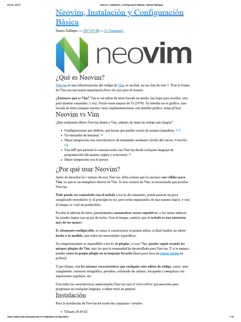Neovim, Instalación y Configuración Básica - Santos Gallegos | PDF | Tecnologías de la ...