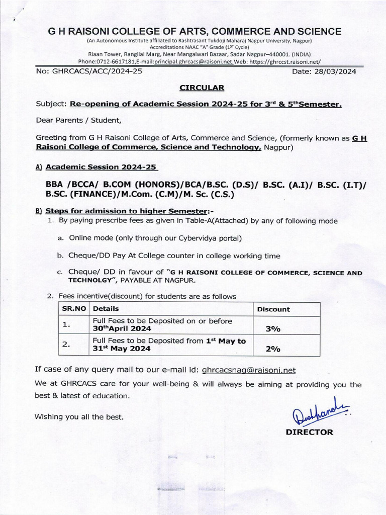 Circular (GHRCCST) Re-Opening Academic Session-24-25 | PDF