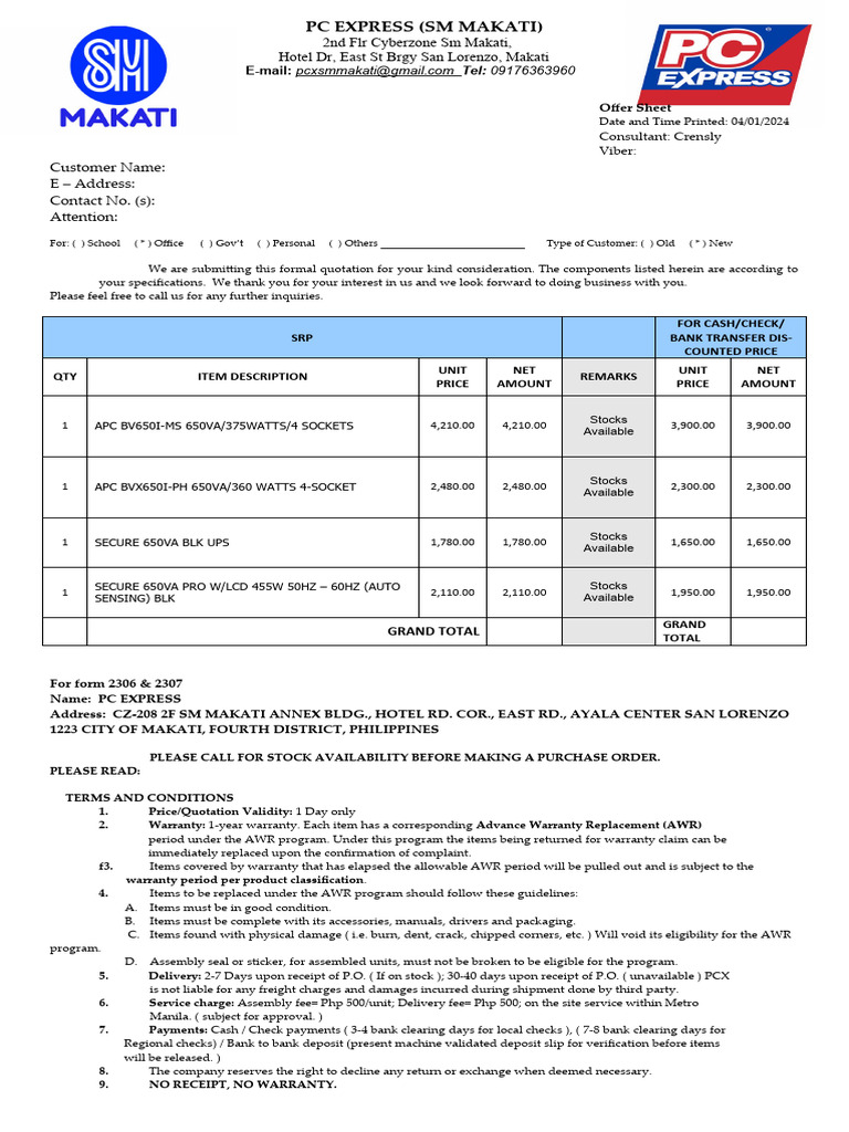 Ups 650va Quotation | PDF | Banks | Receipt