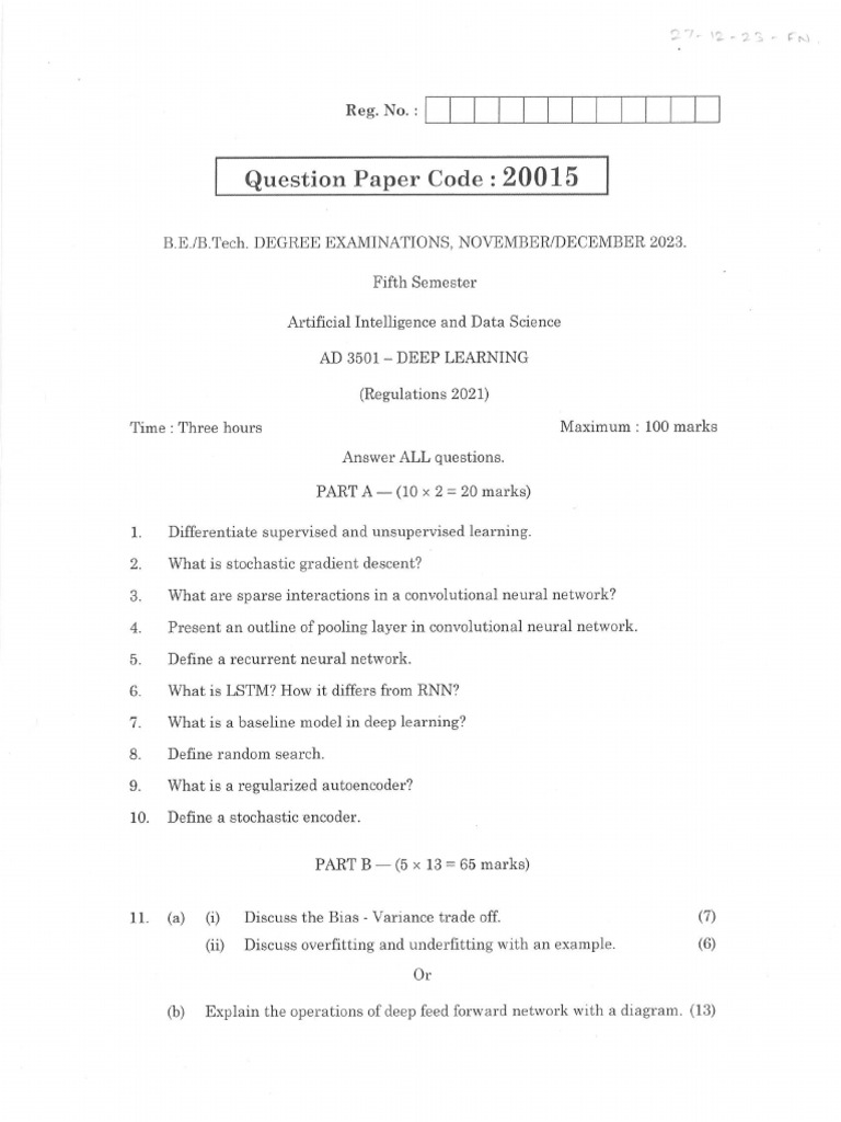 AD3501 - Deep Learning University Question | PDF