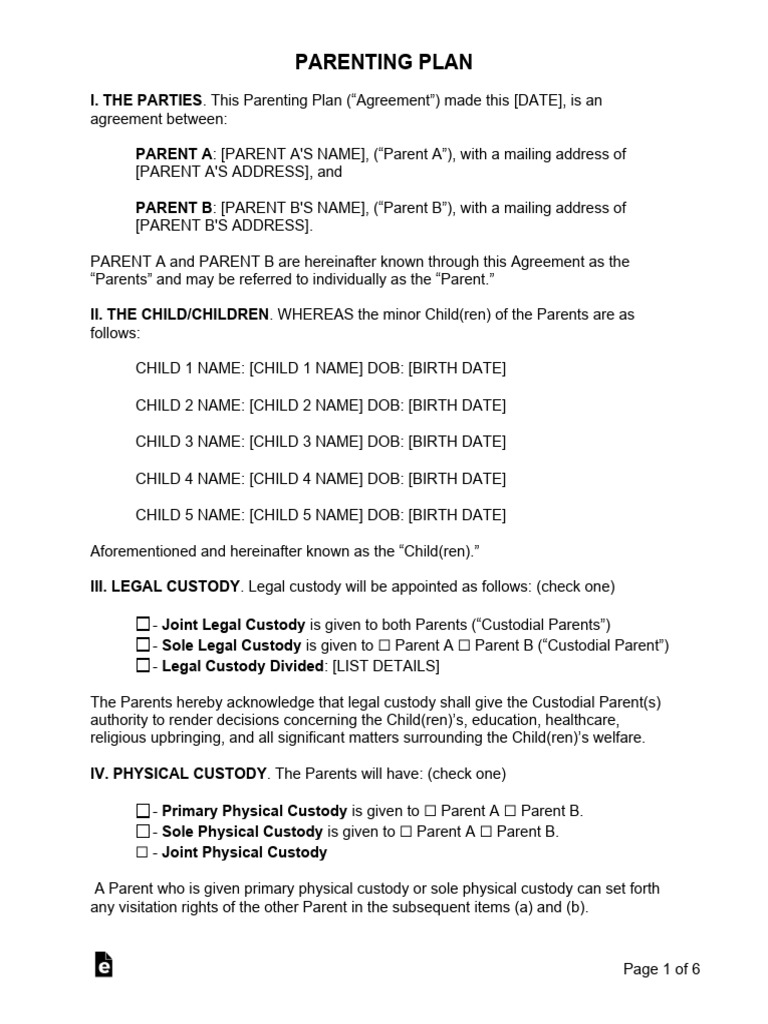 Parenting Plan | PDF | Child Support | Child Custody