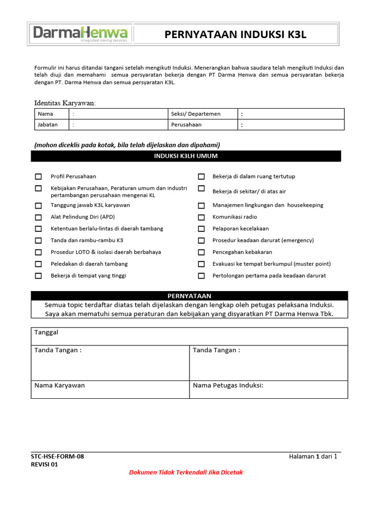 STC HSE FORM 08 Pernyataan Induksi K3L | PDF