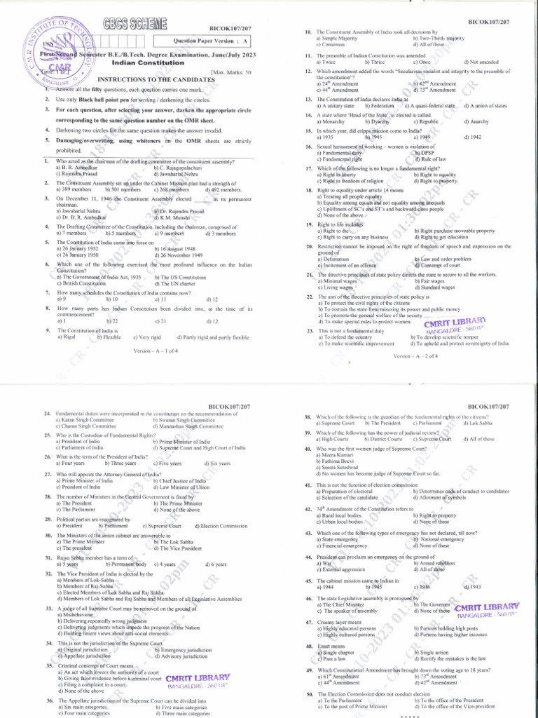 VTU Question Paper of BICOK107 - BICOK207 Indian Constitution June-July-2023 | PDF