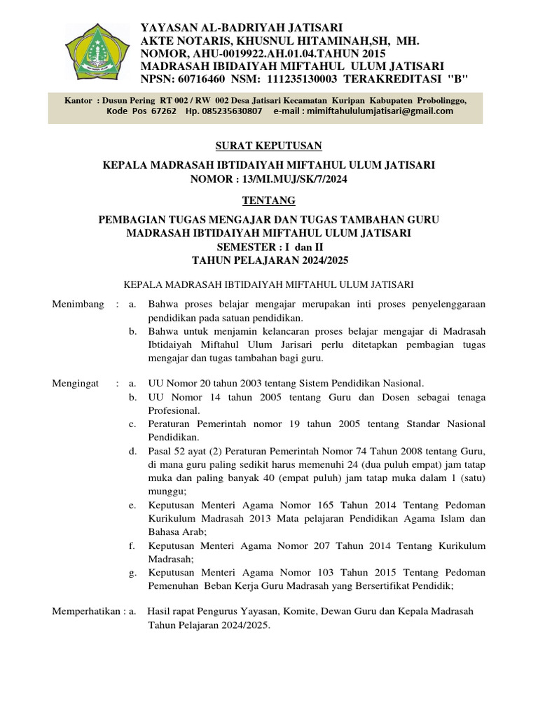 SK PEMBAGIAN TUGAS DAN JADWAL PELAJARAN 2024-2025 Ok | PDF