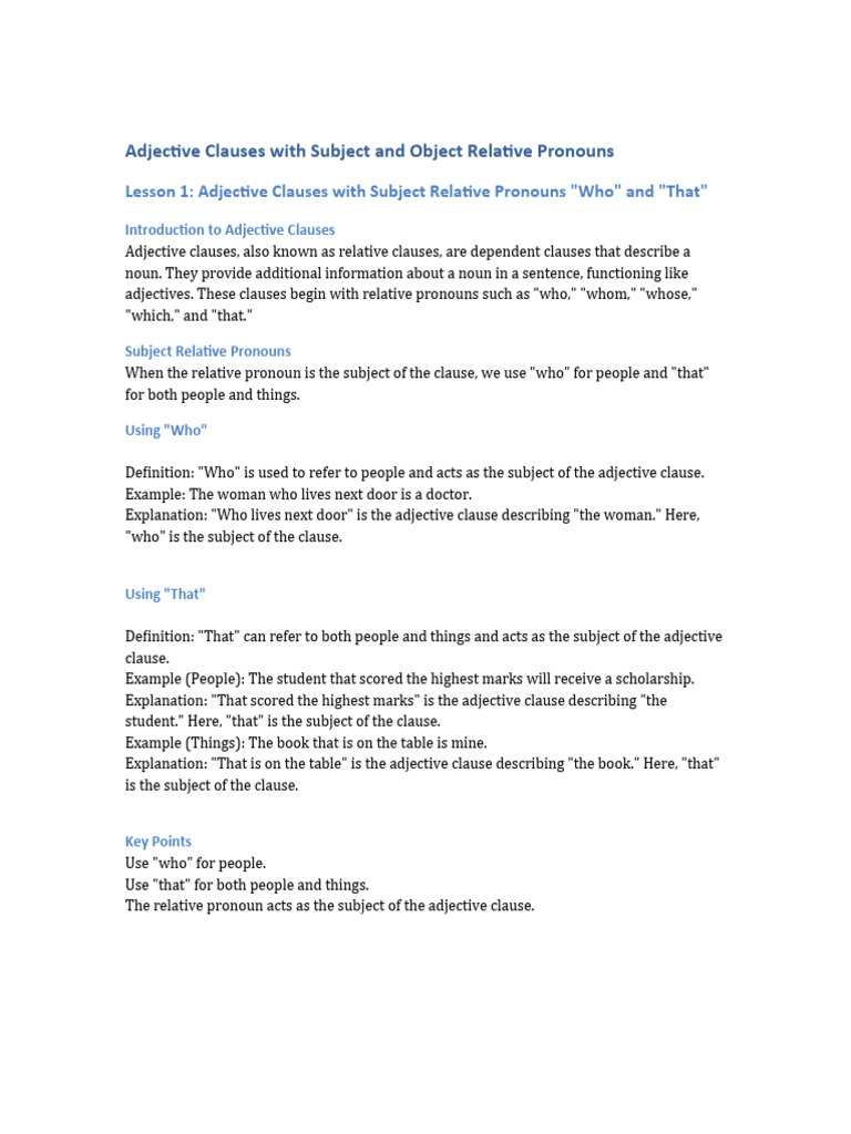 Adjective Clauses With Subject and Object Relative Pronouns | PDF ...