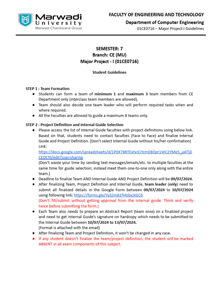 Sem. 7 Major Project-I (CE) Guidelines | PDF | Computing